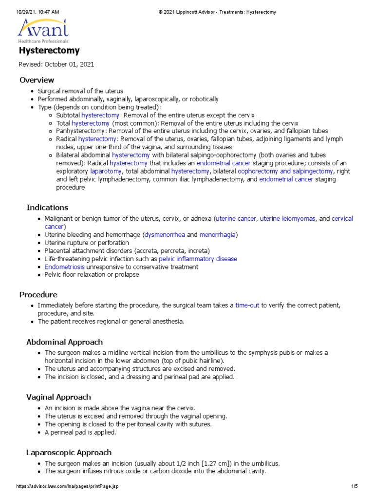 © 2021 Lippincott Advisor - Treatments - Hysterectomy | PDF | Uterus ...