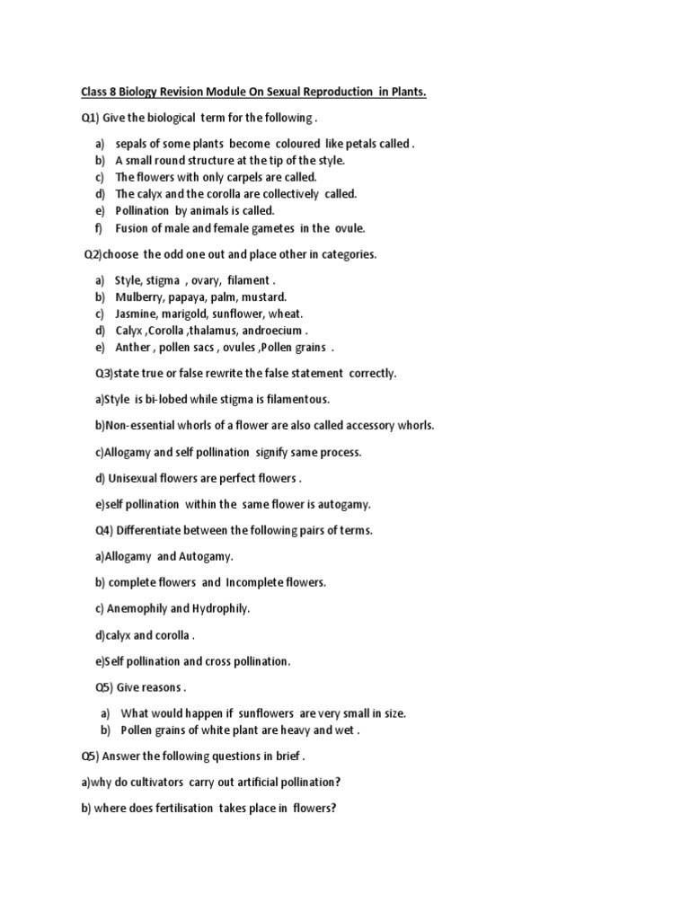 Biology Worksheet 1 F Sexual R in Plants | PDF