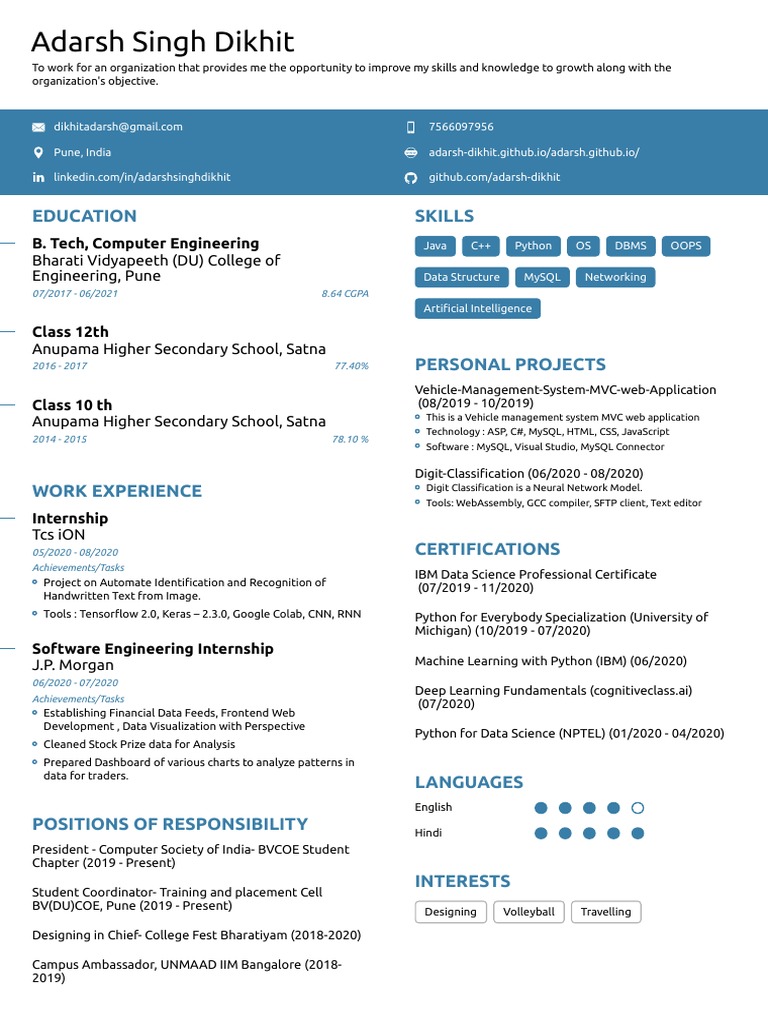 Adarsh Singh Dikhit's Resume: A Profile of an Aspiring Computer Engineer Seeking Opportunities ...