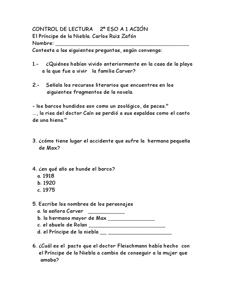 Cuestionario El Príncipe de La Niebla 1 | PDF