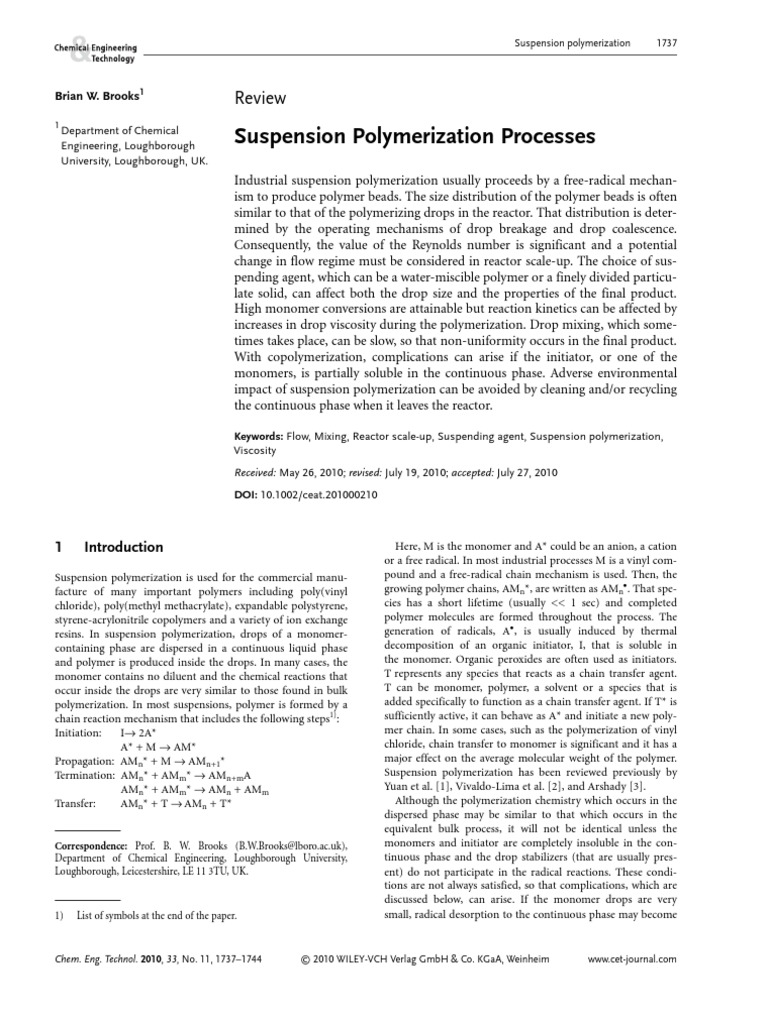Suspension Polymerization Processes: Review | PDF | Copolymer | Polymers