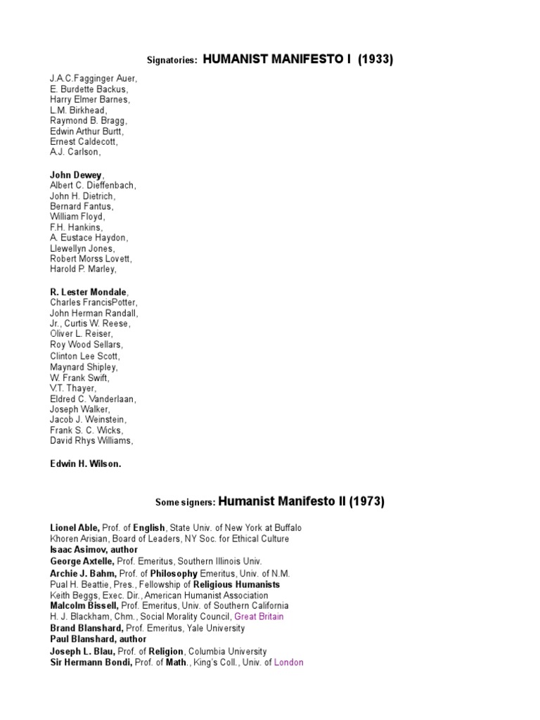 Humanist Manifestos Signatories | PDF | Religious Education | Humanism