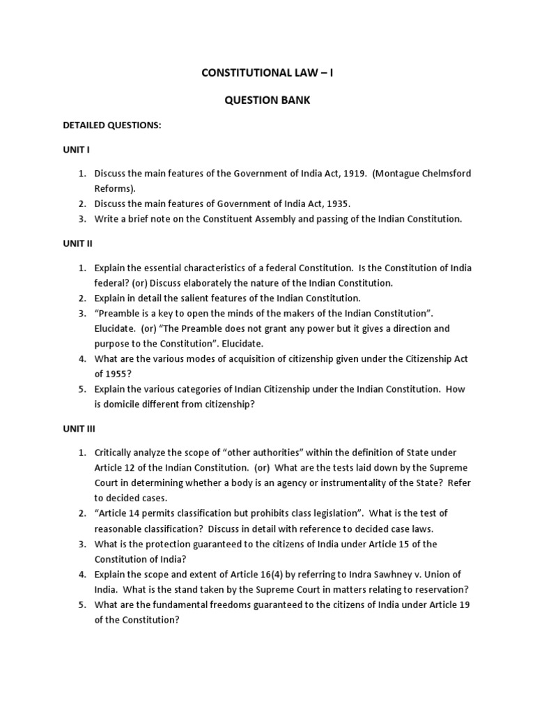 Constitutional Law - I Question Bank: Detailed Questions: Unit I | PDF ...