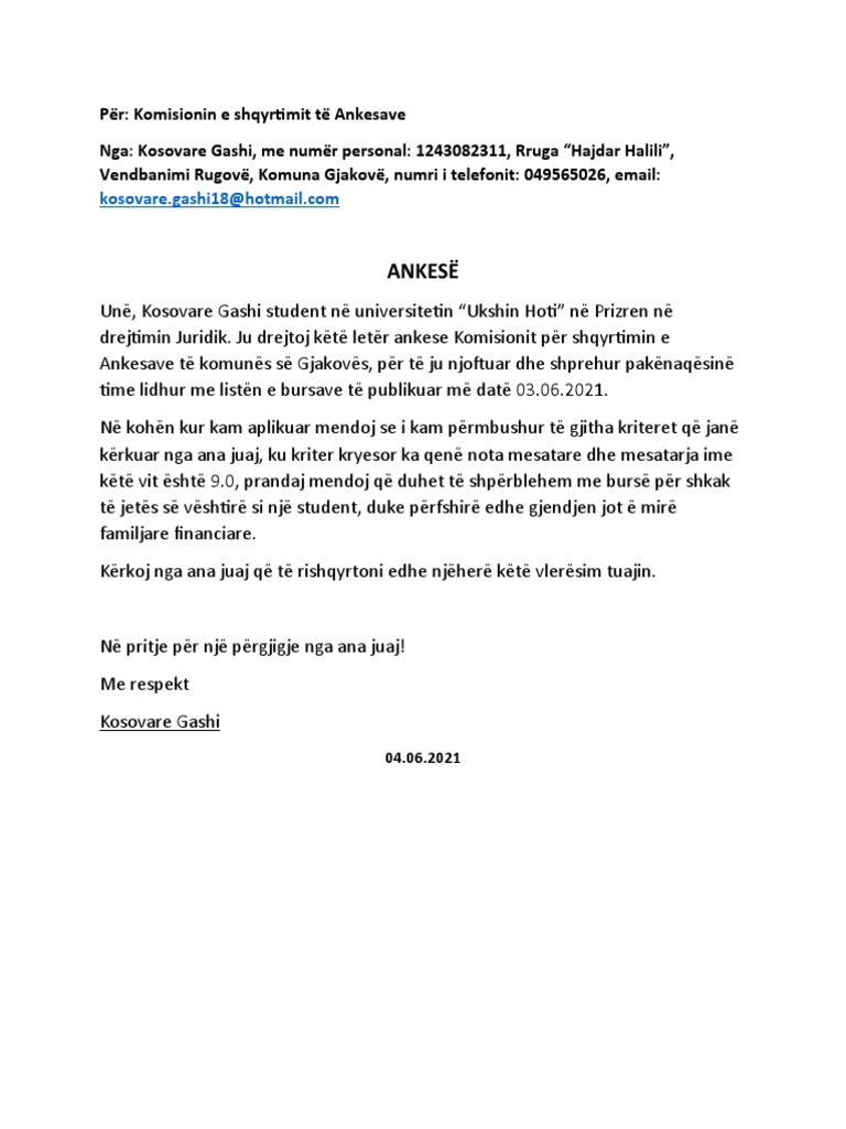 Kosovare Gashi - Ankesë | PDF