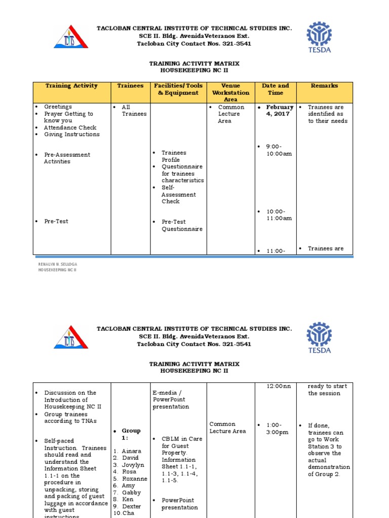 Training Plan for Housekeeping NC II Certificate Program | PDF