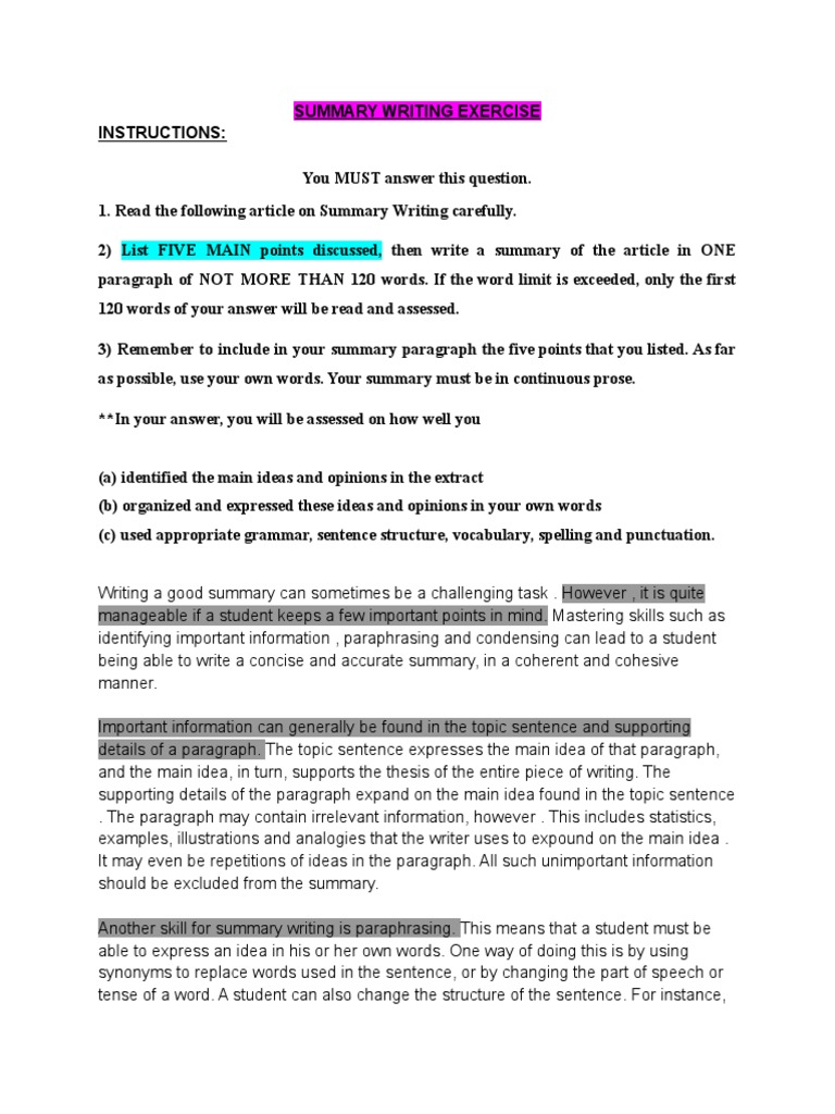 Summary Writing Exercise | PDF | Paragraph | Word