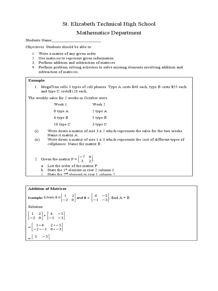 Worksheet 1 Matrices (1) Grade 10 | PDF | Matrix (Mathematics) | Algorithms