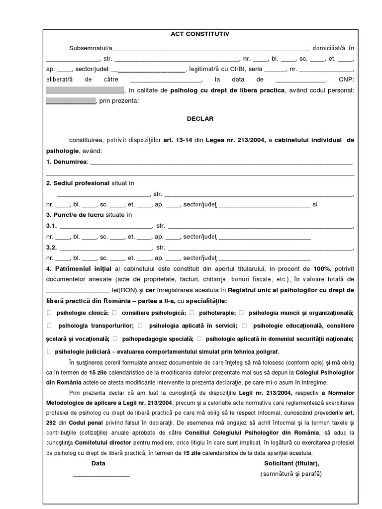 Act Constitutiv Cabinet Individual de Psihologie | PDF
