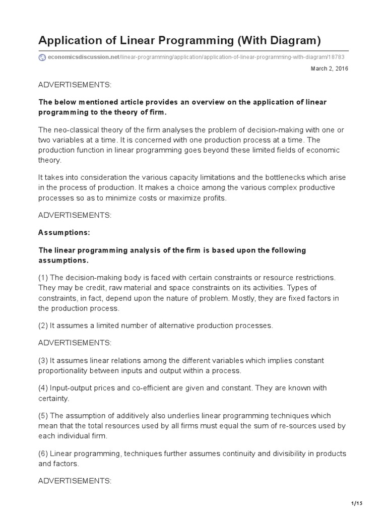 Application of Linear Programming With Diagram | PDF | Equations ...