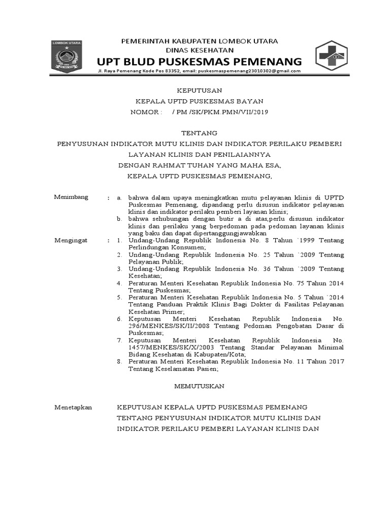9.1.2.3 SK Penyusunan Indikator Mutu Klinis Dan Perilaku Pemberi ...