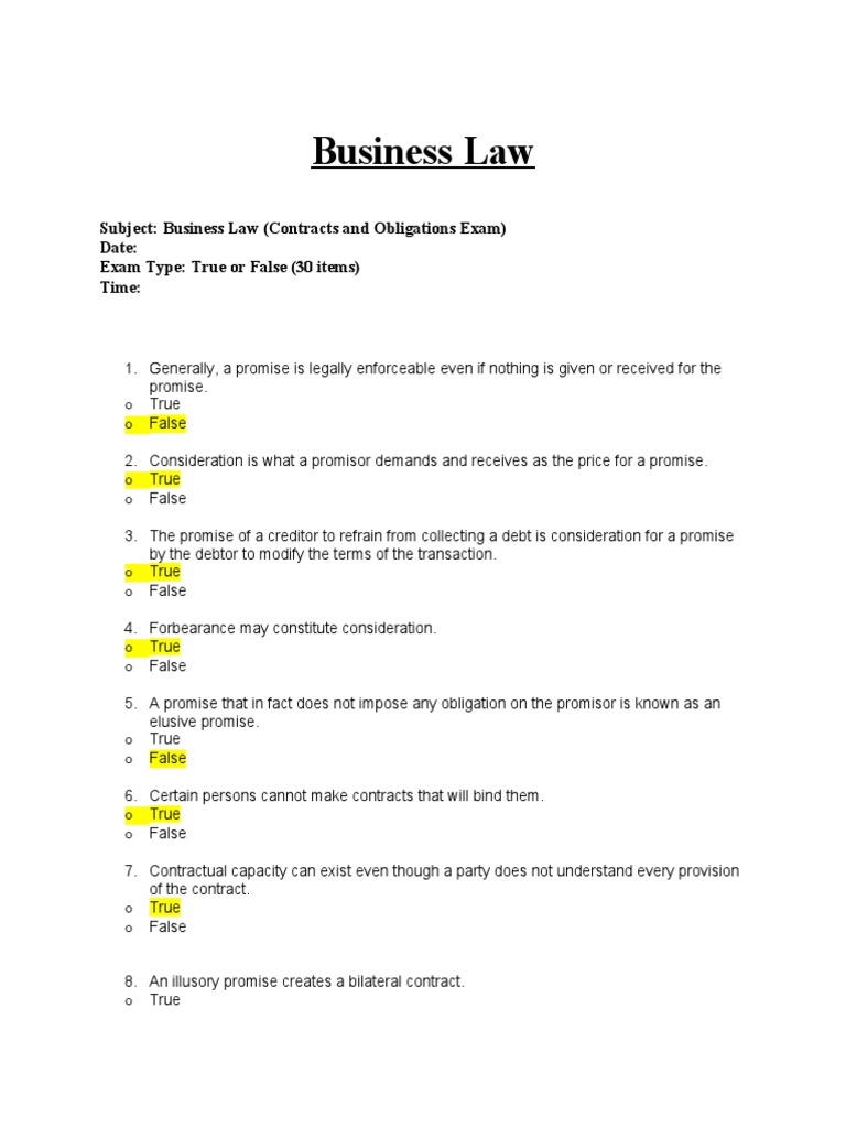 Business Law: Subject: Business Law (Contracts and Obligations Exam ...