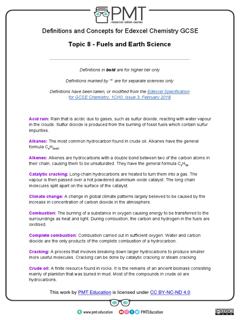 Definitions - Topic 8 Fuels and Earth Science - Edexcel Chemistry GCSE ...