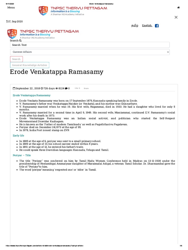 Erode Venkatappa Ramasamy | PDF | South India | Politics Of India