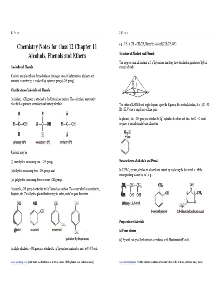 Class 12 Chemistry: Alcohols & Phenols | PDF | Alcohol | Ethanol