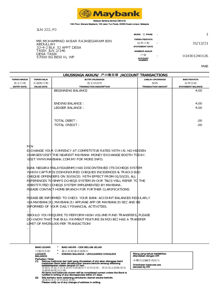 MBBcurrent 014301240126 2021-12-31 | PDF | Cheque | Banks