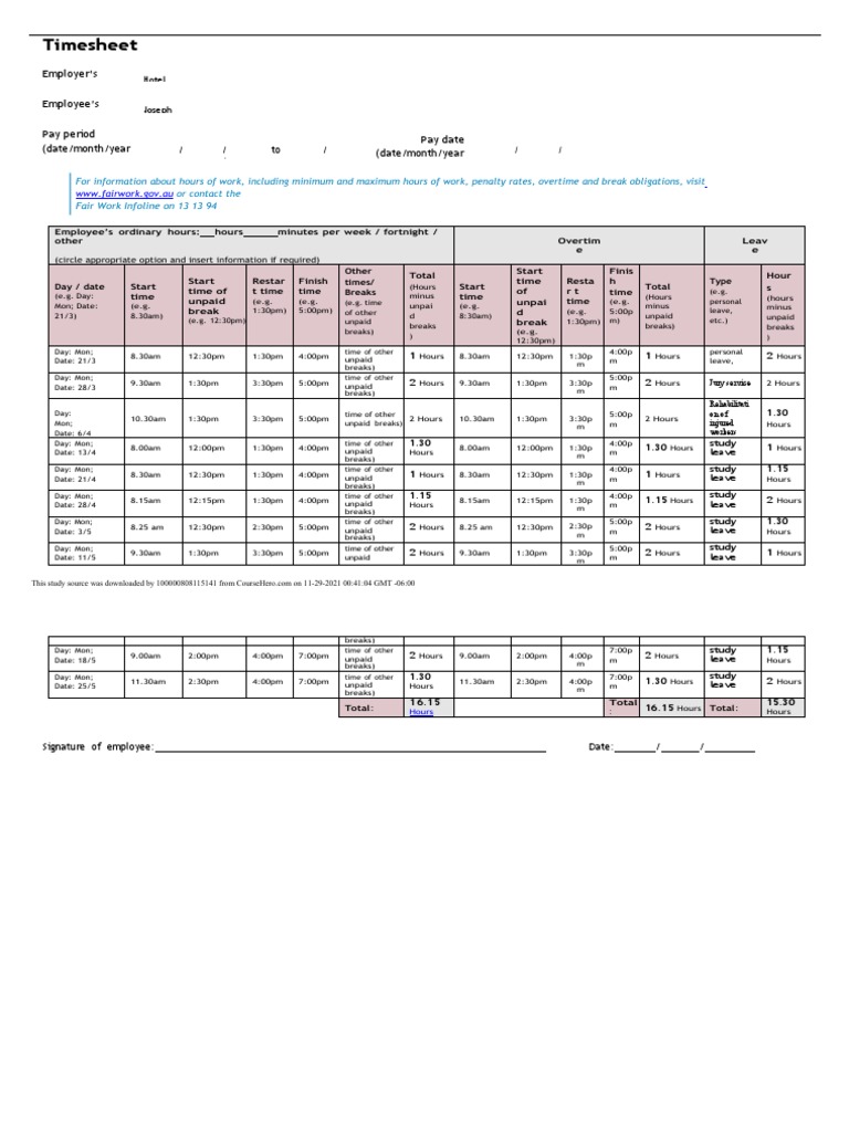 Assessment 1 Timesheet Template SITXHRM002 | PDF | Overtime | Working Time