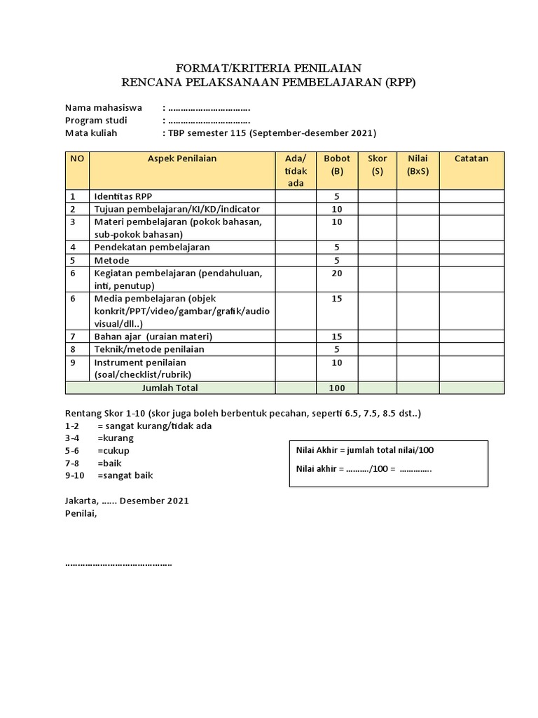 FORMAT Penilaian RPP Dan Praktik Mengajar | PDF