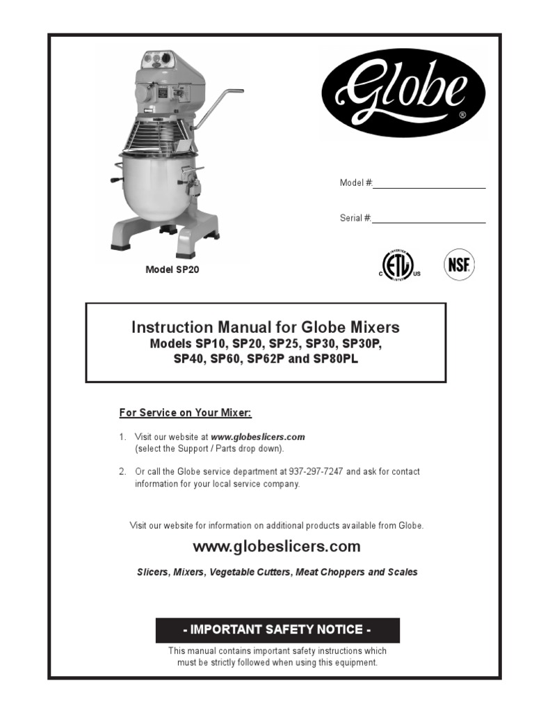 Instruction Manual For Globe Mixers: Models SP10, SP20, SP25, SP30 ...