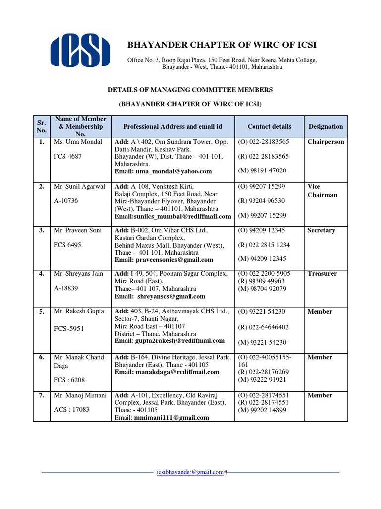 Bhayander Chapter of Wirc of Icsi | PDF