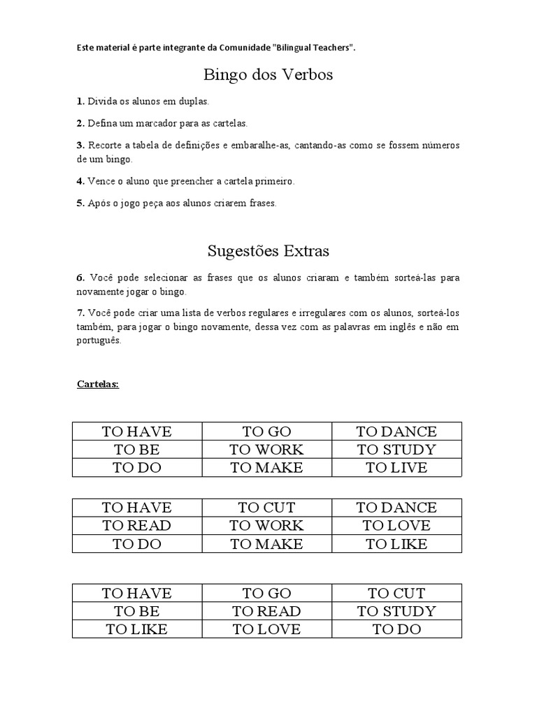 L.I. Bingo Dos Verbos | PDF