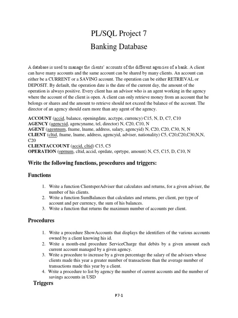 PL/SQL Project 7 Banking Database: Write The Following Functions ...
