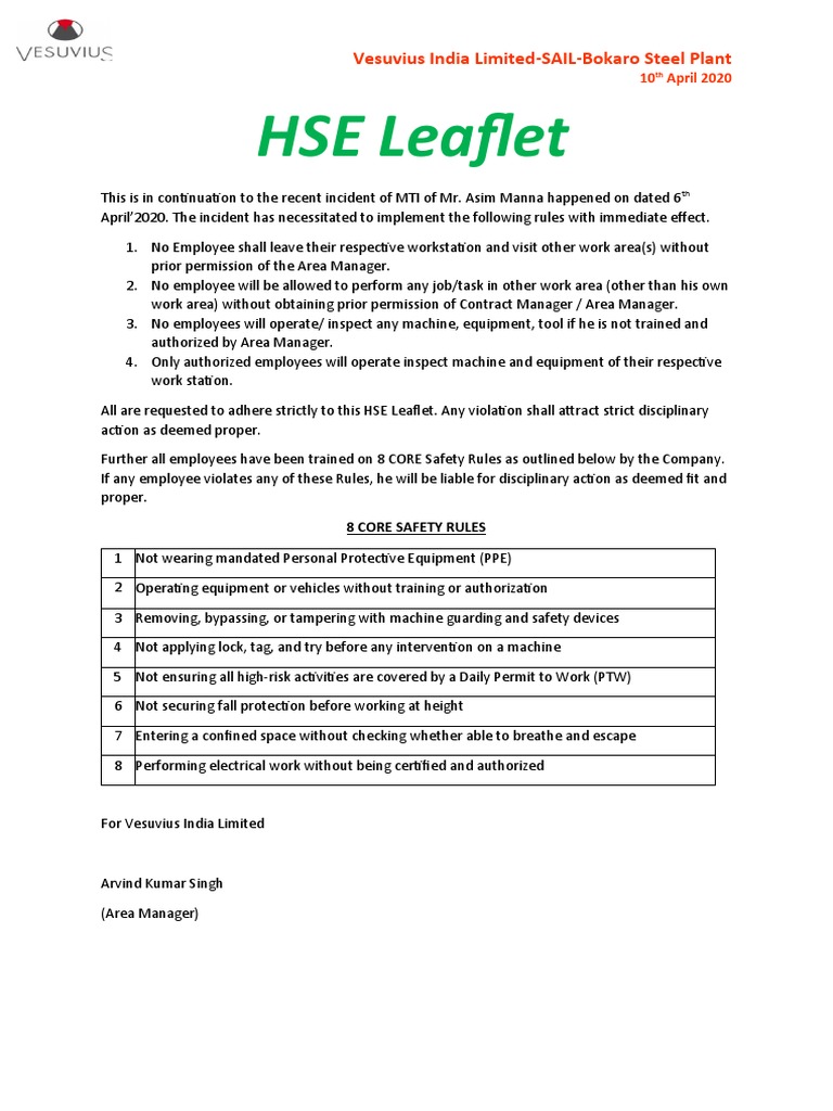 HSE Leaflet: Vesuvius India Limited-SAIL-Bokaro Steel Plant | PDF | Safety