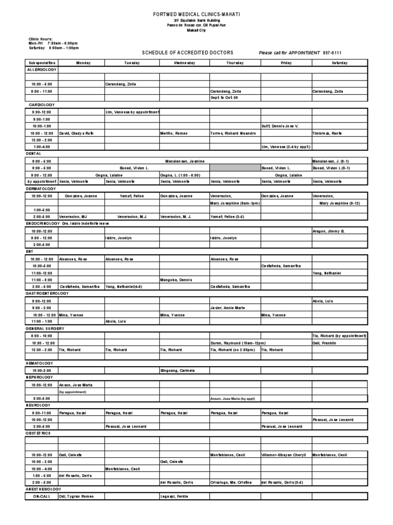 Doctor's Schedule 2009 | Medicine | Medical Specialties
