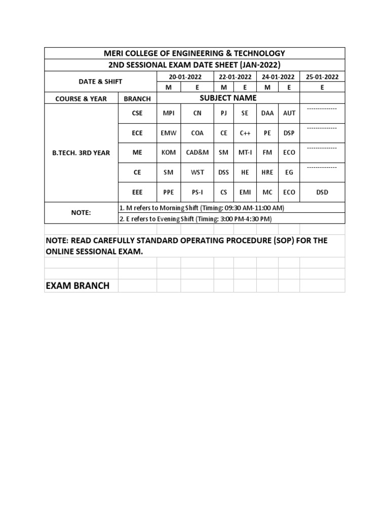 Meri College of Engineering & Technology 2Nd Sessional Exam Date Sheet (Jan-2022) | PDF | Computing