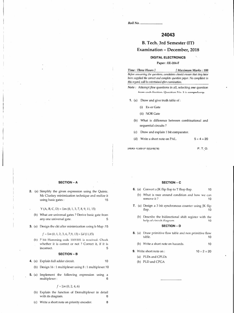 Btech Dec 2018 Cse 3rd Sem Digital Electronics 24043 | PDF