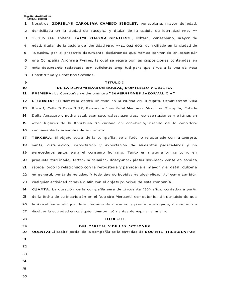 Acta Constitutiva Inversiones J | PDF | Compartir (Finanzas) | Dividendo