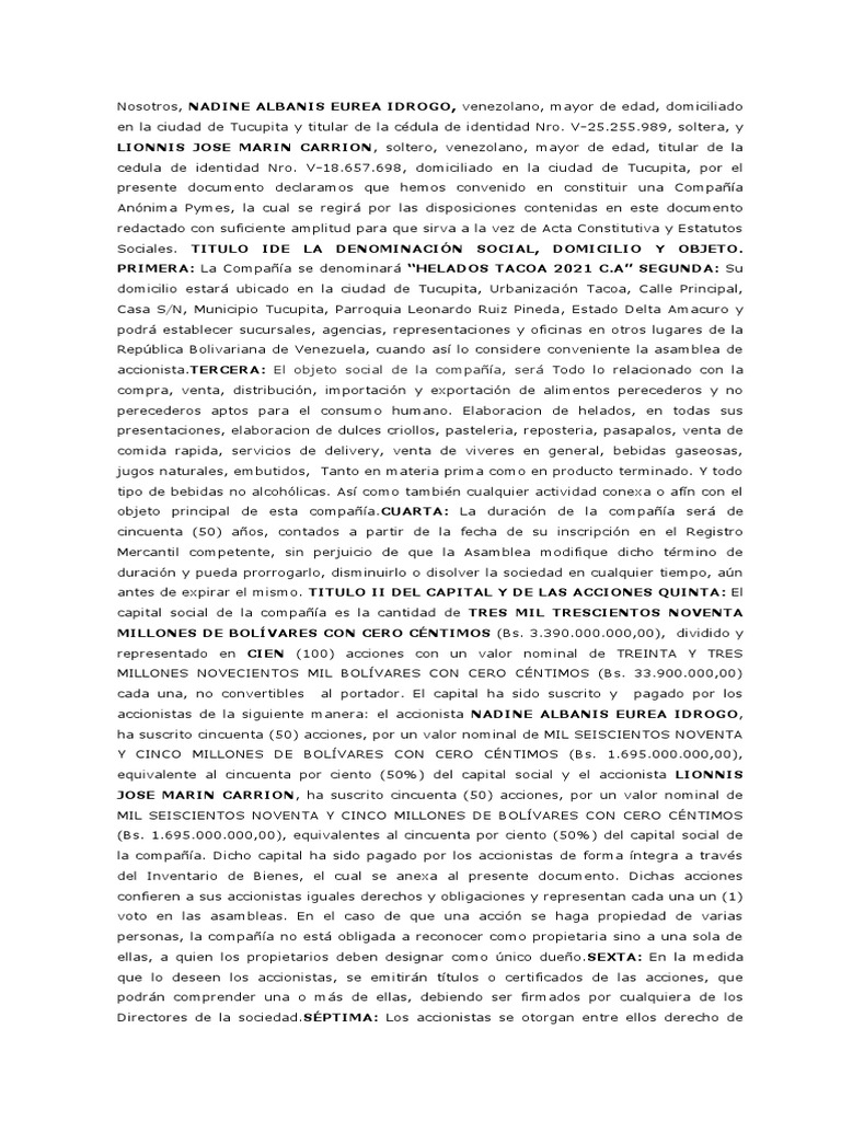 Acta Constitutiva MMM | PDF | Compartir (Finanzas) | Bancos