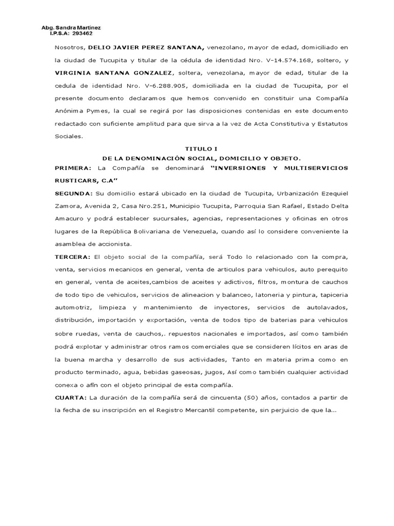 Acta Constitutiva Inversiones y Multiservicios | PDF | Compartir (Finanzas) | Bancos