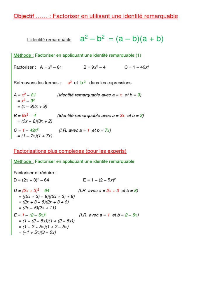 Factorisation avec Identités Remarquables | PDF
