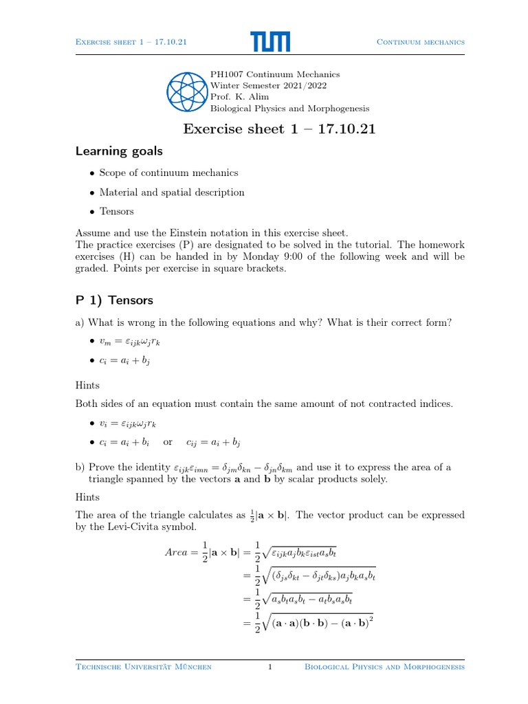 Continuum Mechanics Exercise Sheet 1 | PDF | Continuum Mechanics ...