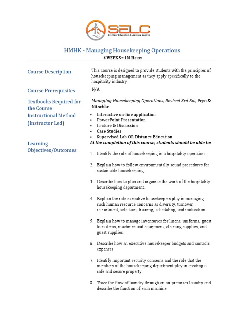 HMHK - Managing Housekeeping Operations: Course Description | PDF ...