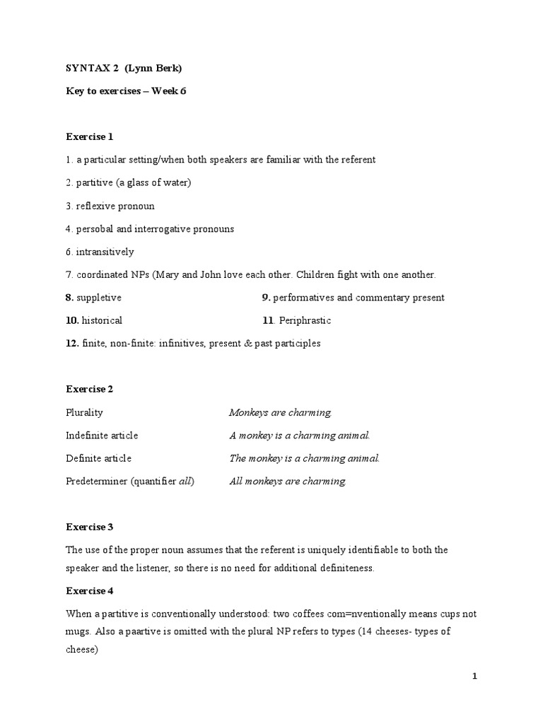 SYNTAX 2 (Lynn Berk) Key To Exercises - Week 6 | PDF