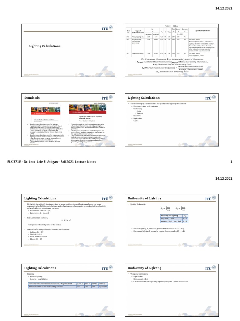 Lighting Calculations: - Illuminance Level and Luminance, - Uniformity ...