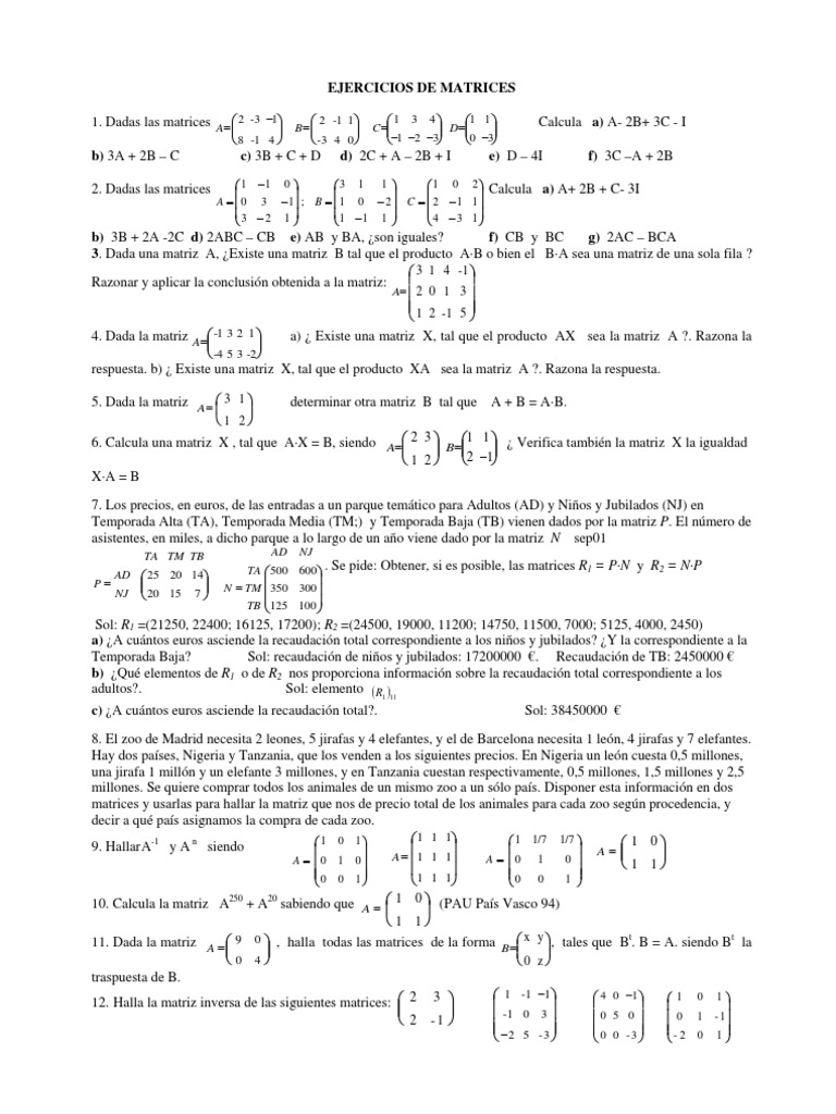 Hoja1 Matrices | PDF | Matriz (Matemáticas) | Análisis matemático