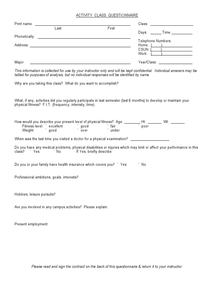 Activity Class Questionnaire Student | PDF