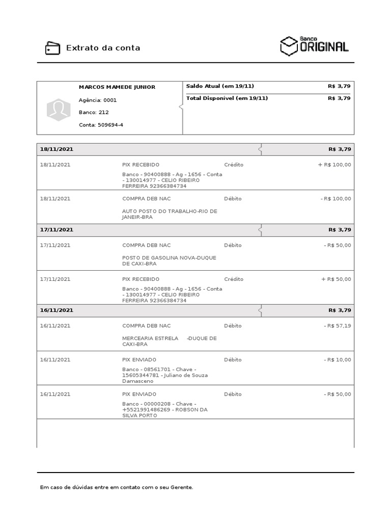 Original Extrato-20211119 | PDF | Serviços financeiros | Bancos