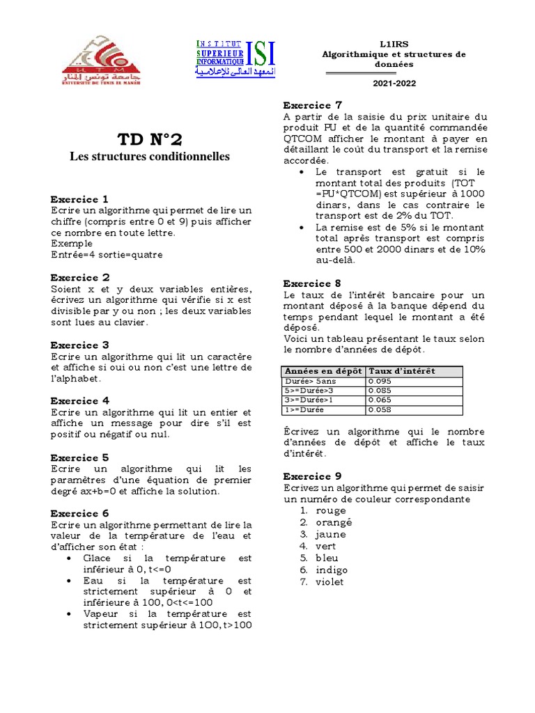 TD - N2 - Structures Conditionnelles | PDF