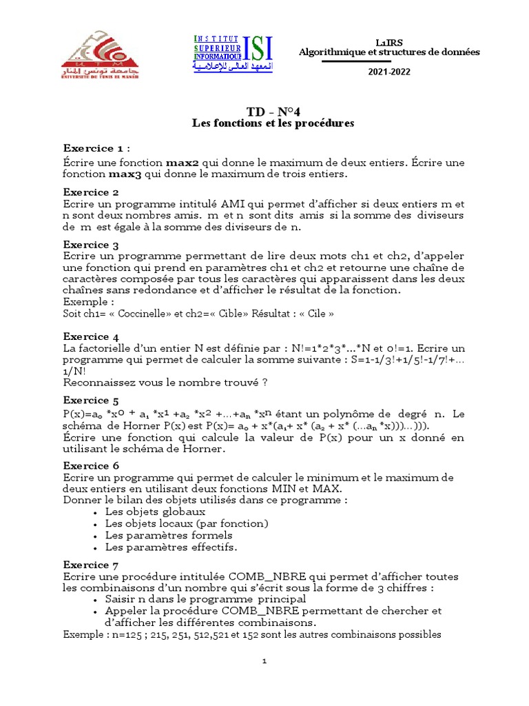 TD - N4 - Fonctions Et Procédures | PDF | Paramètre (Programmation ...