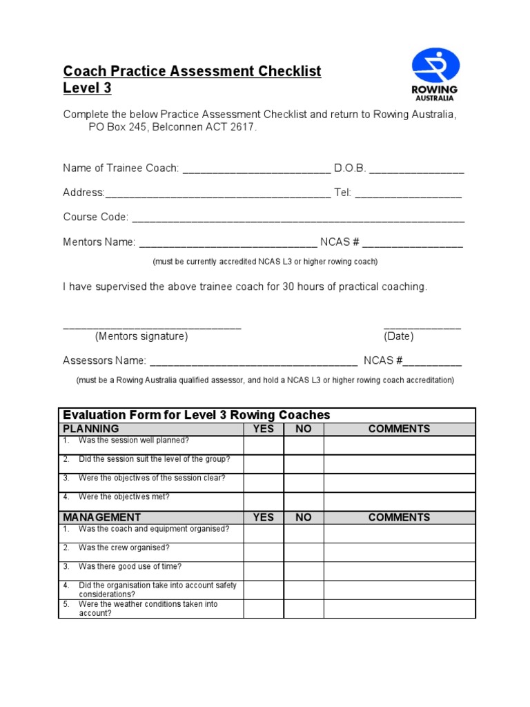 Coach Practice Assessment Checklist - Level 3 | PDF | Rowing (Sport ...