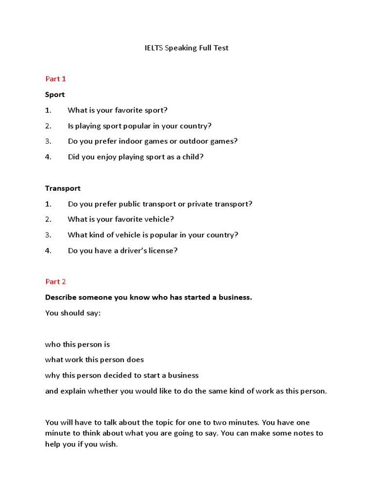 IELTS Speaking - Full Test | PDF
