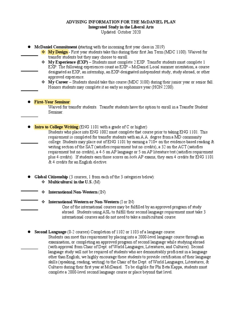 Advising Sheet - McDANIEL PLAN Updated October 2020 - FYS | PDF ...