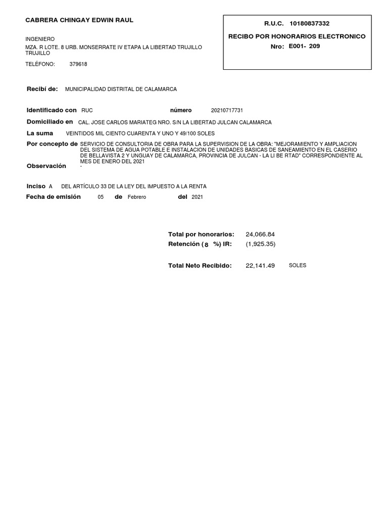 R.H.E de Edwin Obra Calamarca Mes de Enero Del 2021 | PDF