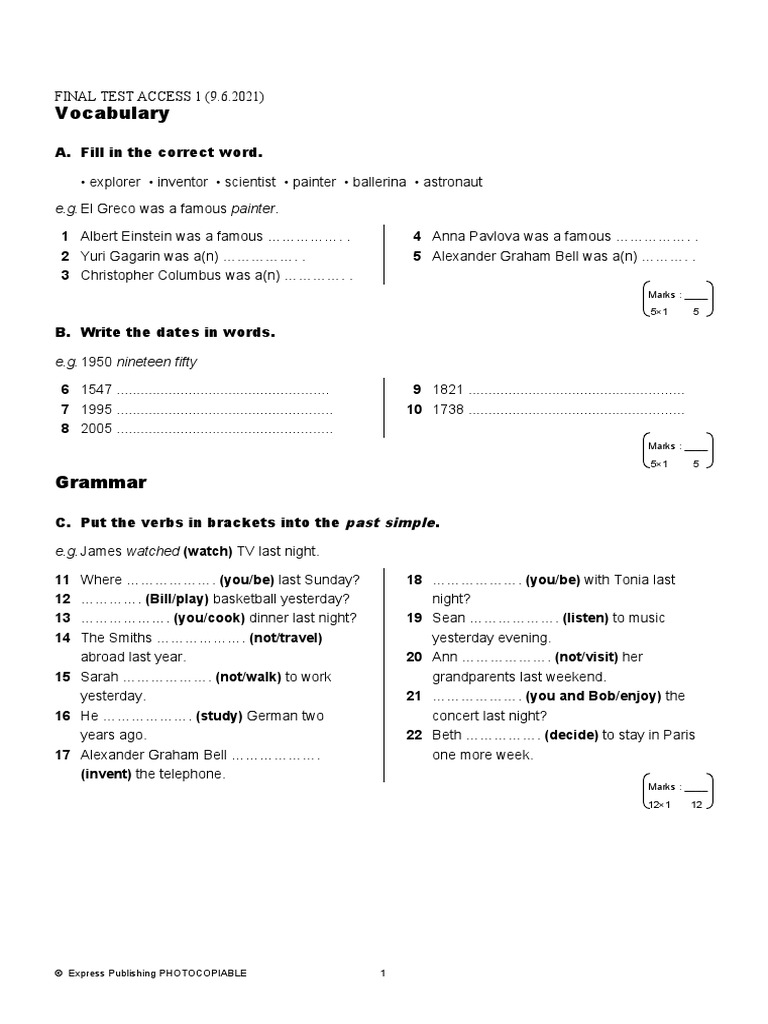 Access 1 FIUNAL TEST 9.6.2021 | PDF