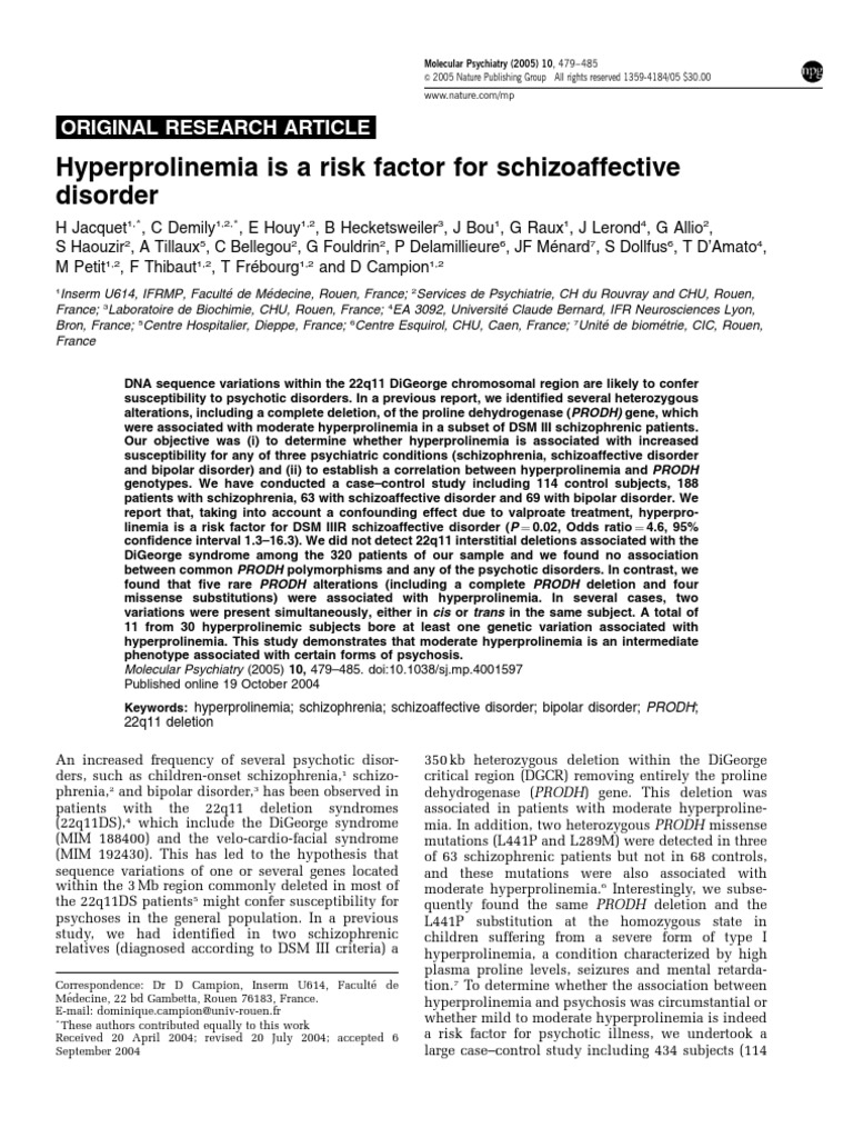 3-Hyperprolinemia Is A Risk Factor For Schizoaffective Disorder | PDF ...