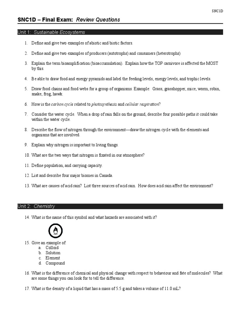 SNC1D - Final Exam: Review Questions: Unit 1: Sustainable Ecosystems ...