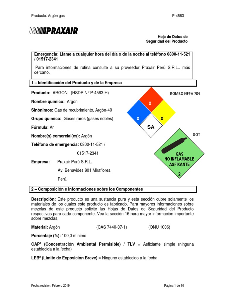 Praxair Hoja De Seguridad Argón Pdf Construcción Soldadura